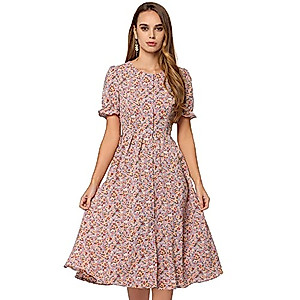 Allegra K Women's 2023 Floral Midi Dress Round Neck Ruffle Sleeve Button Down Shirtdress Large Purple