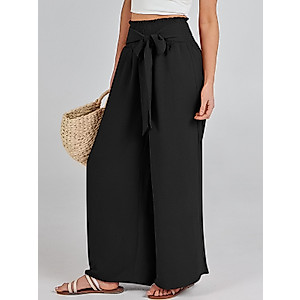 Caracilia Womens Summer Fall High Waisted Flowy Work Casual Boho Palazzo Pants Wide Leg Long Lounge Pant Trousers with Pocket Business Office Elastic Waist A1206heise-XL Black,X-Large