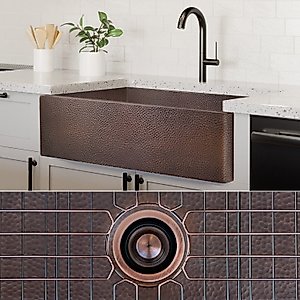 FSW1100 LUXURY 33-INCH HEAVY 12-GAUGE DARK PATINA COPPER FARMHOUSE SINK, INCLUDES ACCS, FLAT FRONT