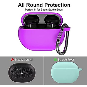 Kanya Case Compatible Beats Studio Buds,2 Packs Full Protective Shockproof Anti-Slip Silicone Case Cover with Carabiner and Silicone Hand Strap for Beats Studio Buds 2021 (Deep Purple+Mint Green)