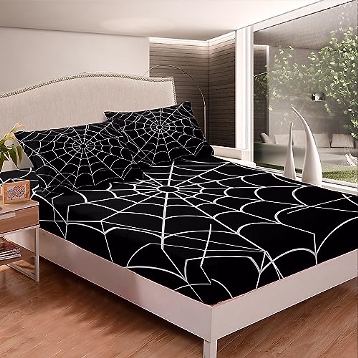 Spider Web Sheets Twin Size Halloween Decorations Bed Sheet Set for Kids Teens Boys Girls Women Men Black White Bed Sheets Spiderweb Bedding Fitted Sheet Bedroom Decor Flat Sheets 3Pcs