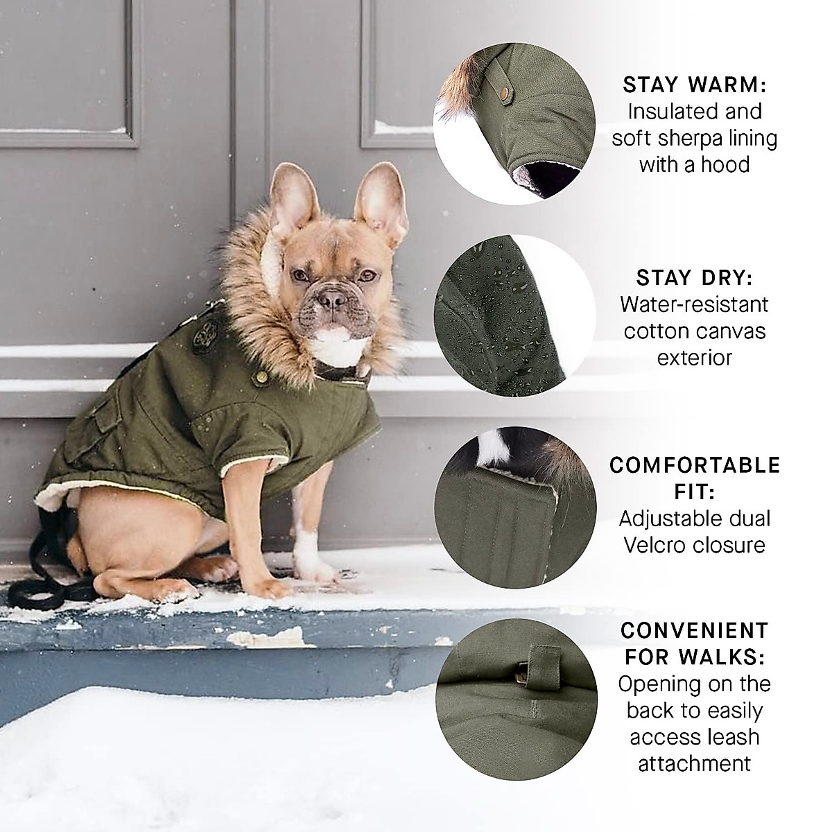 Canada Pooch Winter Dog Coat Water-Resistant Insulated Dog Jacket Faux-Fur Trim Dog Parka Coat for Dogs - Army Green, Size 14