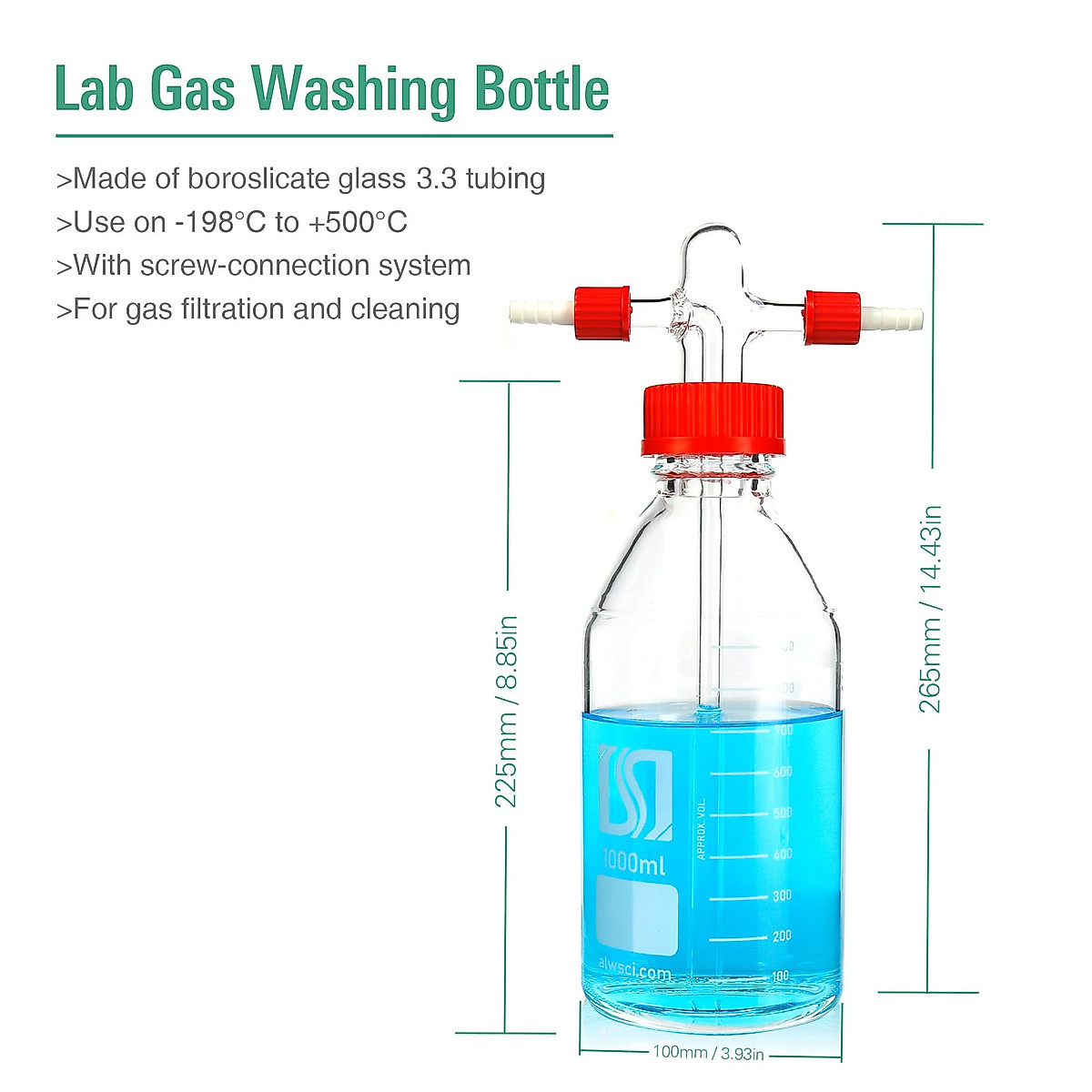 ALWSCI Lab Gas Washing Bottle Glass 1000mL Graduated Lab Buffer Bottle, Drechsel Head GL45 with Filter disc Adjustable Immersion, 2 threads GL14 PBT Red Screw Cap, 1set