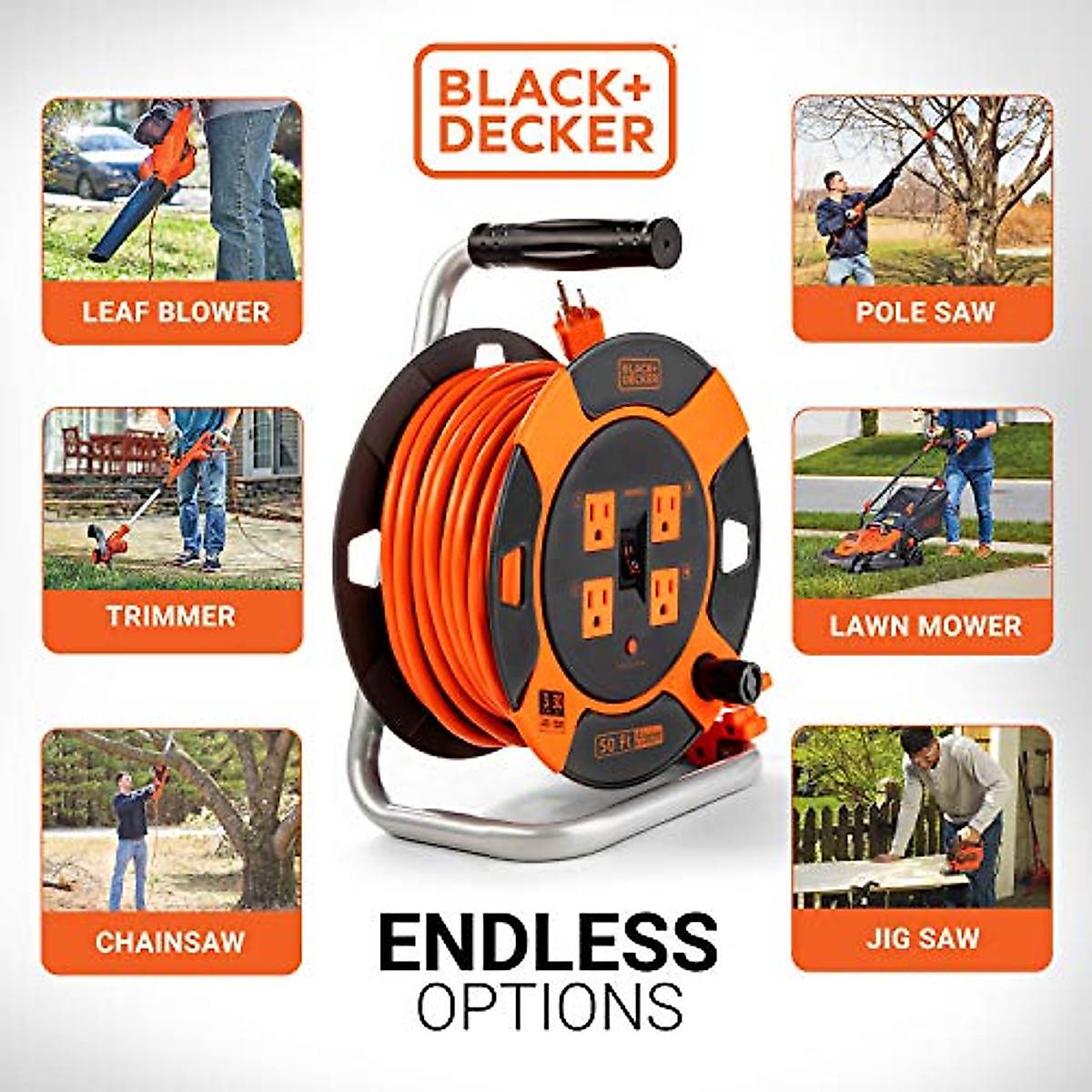 BLACK+DECKER 50 Ft. Retractable Extension Cord Reel With 4 Outlets, Multi-Plug Extension, Easy Handle Rewind & Heavy-Duty 14AWG SJTW Cable