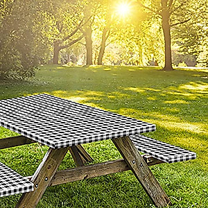 KENOBEE Picnic Table and Bench Fitted Tablecloth Cover, 3-Piece Set, Flannel Backing Elastic Edge Waterproof Wipeable Plastic Cover Vinyl Tablecloth for Home Goods Indoor Outdoor Patio, Black-White