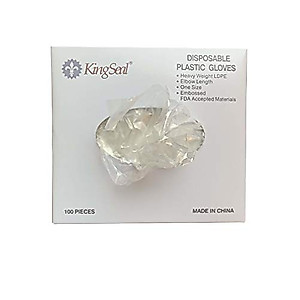KingSeal Poly Elbow Length Disposable Gloves, 21 inches from Fingertip to Cuff, Embossed Finish for Better Grip - 1 Pack of 100 Gloves (One Size Fits Most)