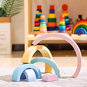 MERRYHEART Wooden Rainbow Small Stacker, 6 Piece Rainbow Stacking Toy for Baby/Toddlers/Kids, Montessori Education Pastel Rainbow Decor, Kindergarten Teaching Aid