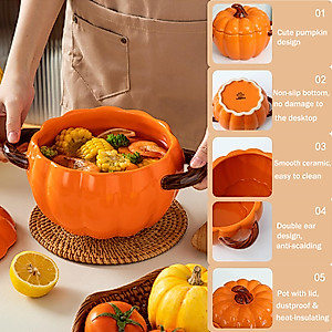 Dutch Oven Pot with Lid, 1.7 Quarts Cute Ceramic Pumpkin Bowl Mini Baking Dish, Dessert Saucepan with Double Handle, Covered Stockpot Pottery Casserole, Halloween Thanksgiving Decor (Orange)