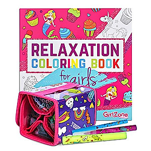 GirlZone Bundle: 38 Fruit Scented Markers & Pencil Case For Girls & Unicorn & Mermaids Coloring Book for Girls 4-10 years, Great Gifts For Girls