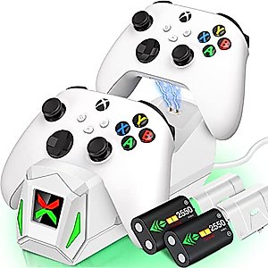Controller Charger Station with 2x2550mAh Rechargeable Battery Packs for Xbox One/X/S/Elite/Xbox Series X|S, High Speed Charging Dock with 4 Batteries Cover for Xbox One Controller Battery Pack, White