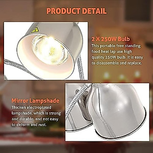 LINKANRUO Food Warming Lamp Commercial Food Warmer Lights - Adjustable Height, 2x250W Weighted Base. Preserve Heat, Keep Buffet Dishes Warm Lamps(Yellow)