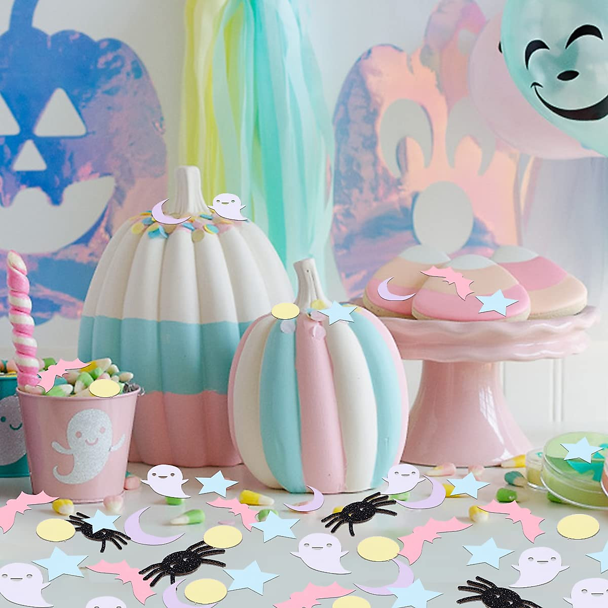 200PCS Halloween Party Confetti for Boys Girls - Pink Teal Black Table Scatter Confetti with Ghost Moon Bat Spider Star Circle Dots for Kids’ Halloween Theme Birthday Party Baby Shower Decor Supplies