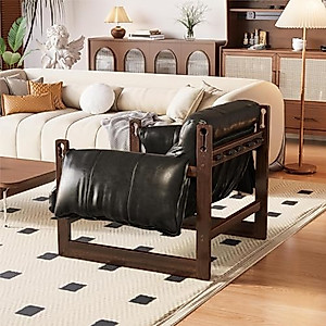 TXFTRR Black Leather Accent Chair, Cozy Reading Nook Chair with Upholstered Backrest and Adjustable Cushion Angle, Leather Arm Chair with Wood Frame, Mid Century Accent Chair for Living Room
