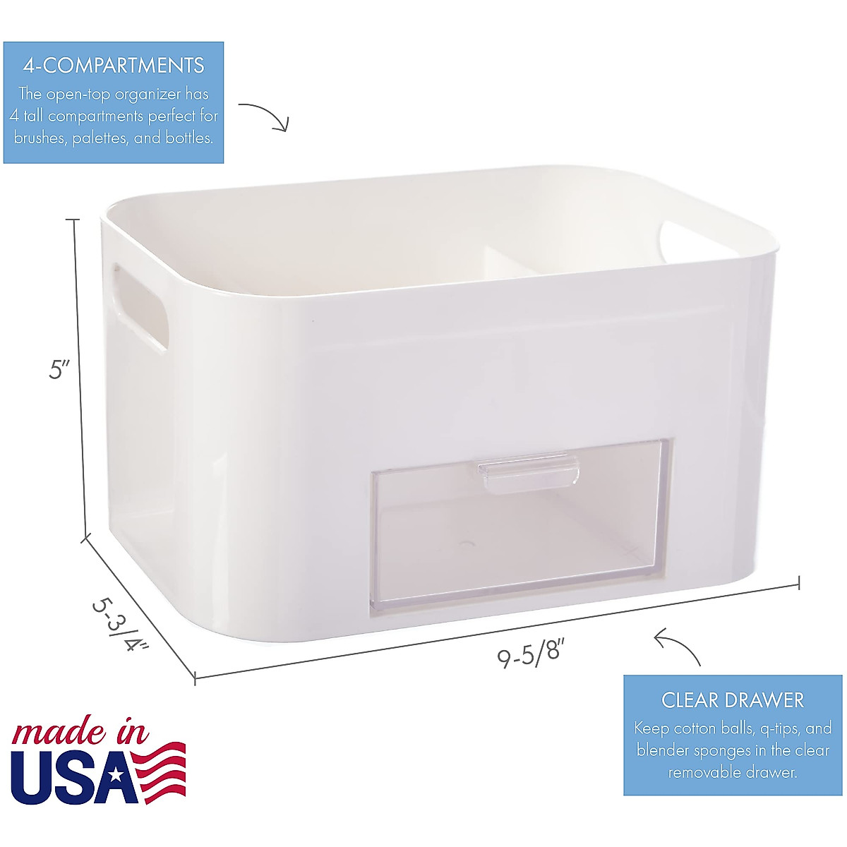 STORi Bliss White Makeup Organizer for Countertop, Divided Bathroom Organizer & Storage Drawer, Makeup Brush Holder, Cosmetic & Nail Polish Organizer, Made in USA