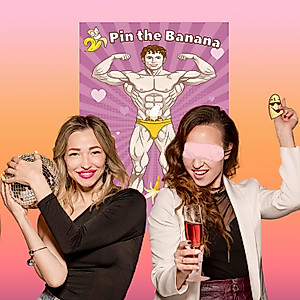 QINGRUIGO Bridal Shower Games Pin The Banana on The Hunk,Wedding Engagement Girls Night Pin The Ring Game 50 Stickers Includes Large Poster Single Girl Party Night Games