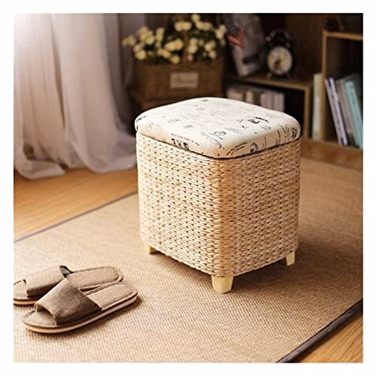 ALDEPO Shoe Cabinet Ottoman Storage Boxes Handmade Straw Solid Wood Shoe Changing Stool Multifunctional Rattan Footstool Healthy and Clean Dual Use Footstool for Home Closet Bedroom