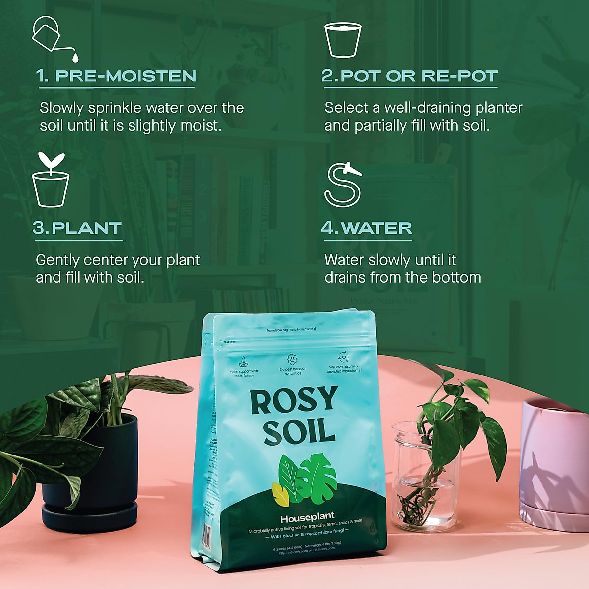 Rosy Soil Indoor Potting Soil for House Plants - Organic Potting Soil Mix for Indoor Plants -Enriched w/Root-Boosting Biochar for Foliage Plants, Flowers, Herbs - Peat Free House Plant Soil - 4qt