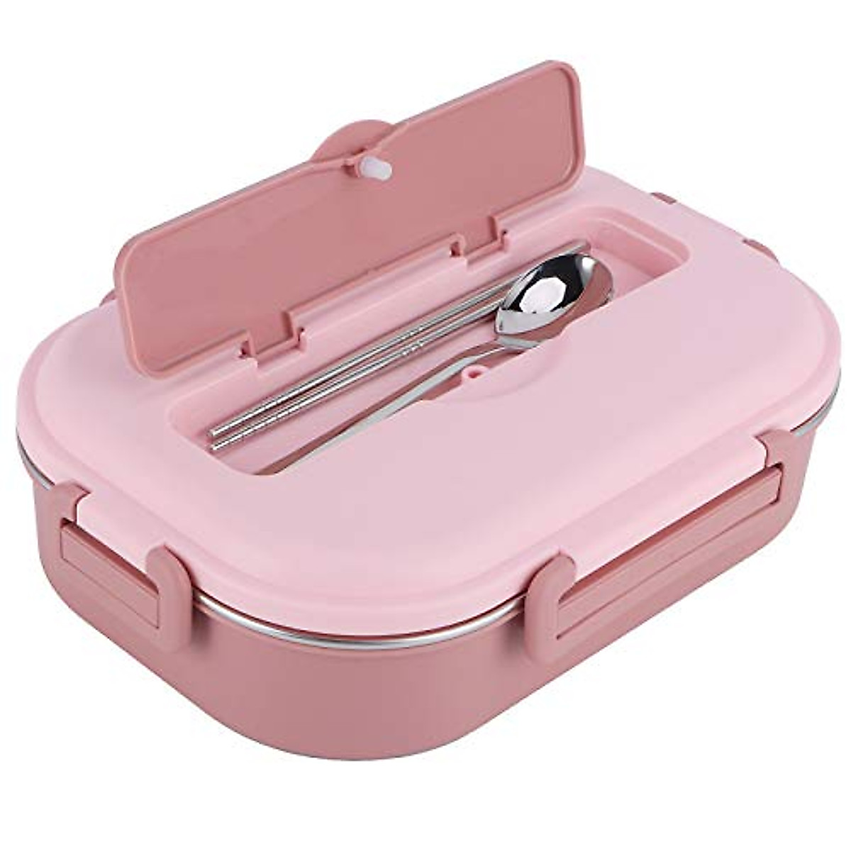 Raviga Stainless Steel Lunch Box 4 Compartments Portable Bento Box for Kids Student or Adult Food Storage Containers with Lids Airtight Soup Bowl And Tableware Large Capacity 50-oz(Pink)