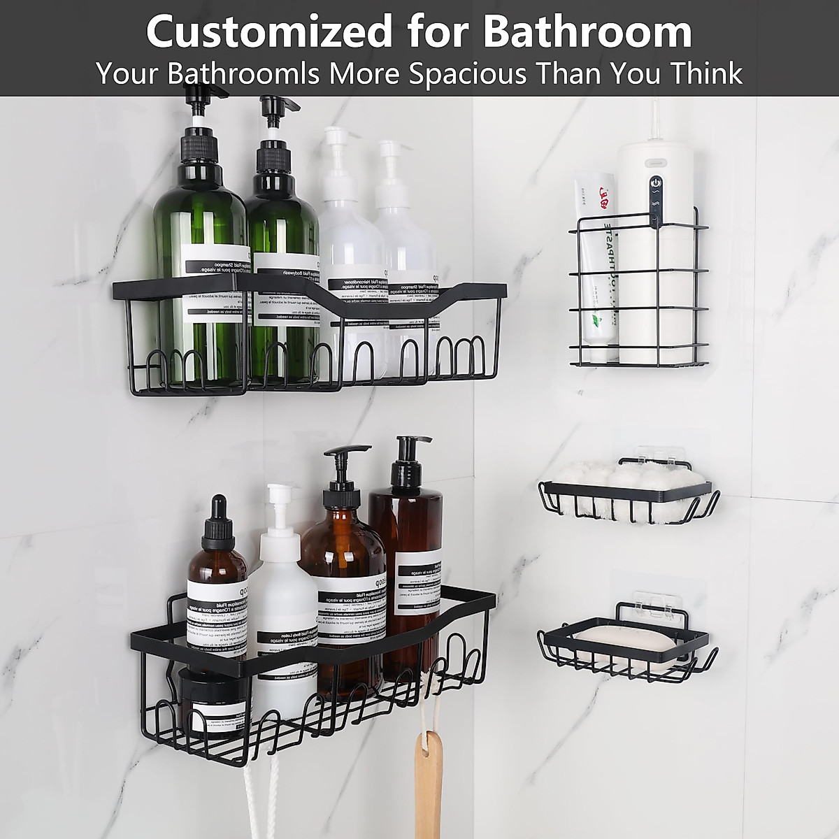 senzibser Shower Caddy [5-Pack] Black Shower Shelves for Inside Shower with Soap Caddy&Toothbrush Holder.NO Driling Easy Installation shower shelf
