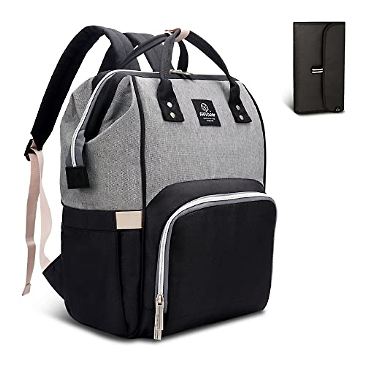 pipi bear Diaper Bag Backpack, Baby Bag for Mom Dad,Multifunction Large Diaper Backpack with Changing Pad,Water Resistant and Durable, Gray Black