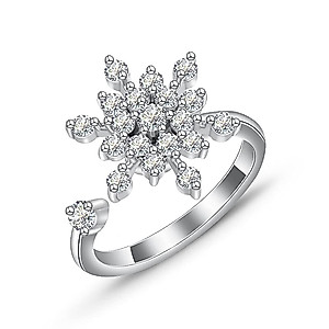 CZ Crystal Snowflake Wrap Open Band Rings for Women Stress Relief Spinner Anxiety Tail Finger Coil Rotate Freely Inspirations Stacking Ring Adjustable Charm Birthday Xmas Jewelry Gifts (Style 2)