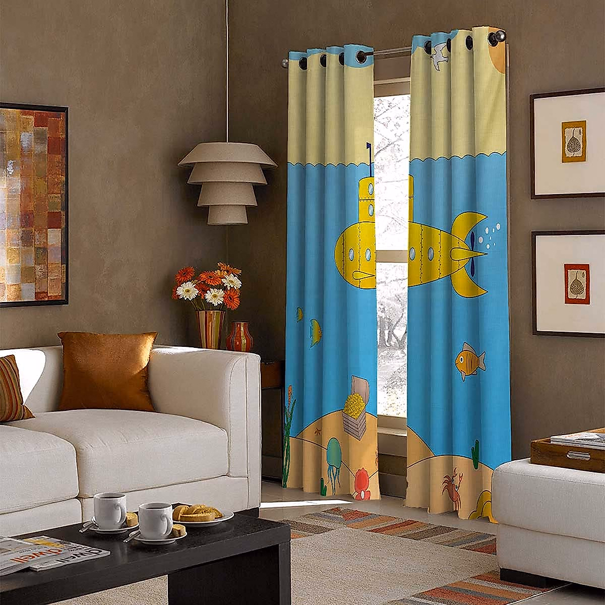 Blue Yellow Beige Kids Blackout Curtains 84 Inch Long Yellow Submarine Grommets Blackout Curtains for Bedroom/Living Room W72 x H84