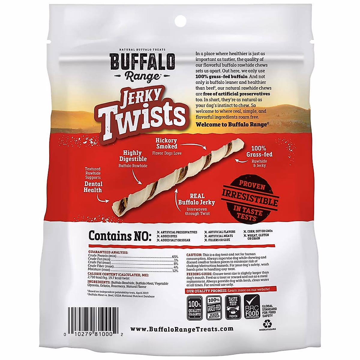 Buffalo Range Rawhide Dog Treats | Healthy, Grass-Fed Buffalo Jerky Raw Hide Chews | Hickory Smoked Flavor | Jerky Twist, 40 Count