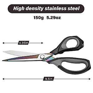 QMVESS Premium Fabric Scissors 9.5 Inch Heavy Duty Scissors All Purpose Titanium Coating Forged Stainless Steel Sewing Scissors, Ergonomic Comfort Grip Shears, for Fabric Leather Carpet (Black Gray)