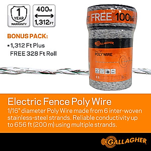 Gallagher Electric Fence Poly Wire | Bonus Pack - 1312 Ft Plus Free 328 Ft Roll | 6 Stainless Steel Strands for Reliable Conductivity and Rust Resistance | 1/16" Diameter Polywire | UV Resistant