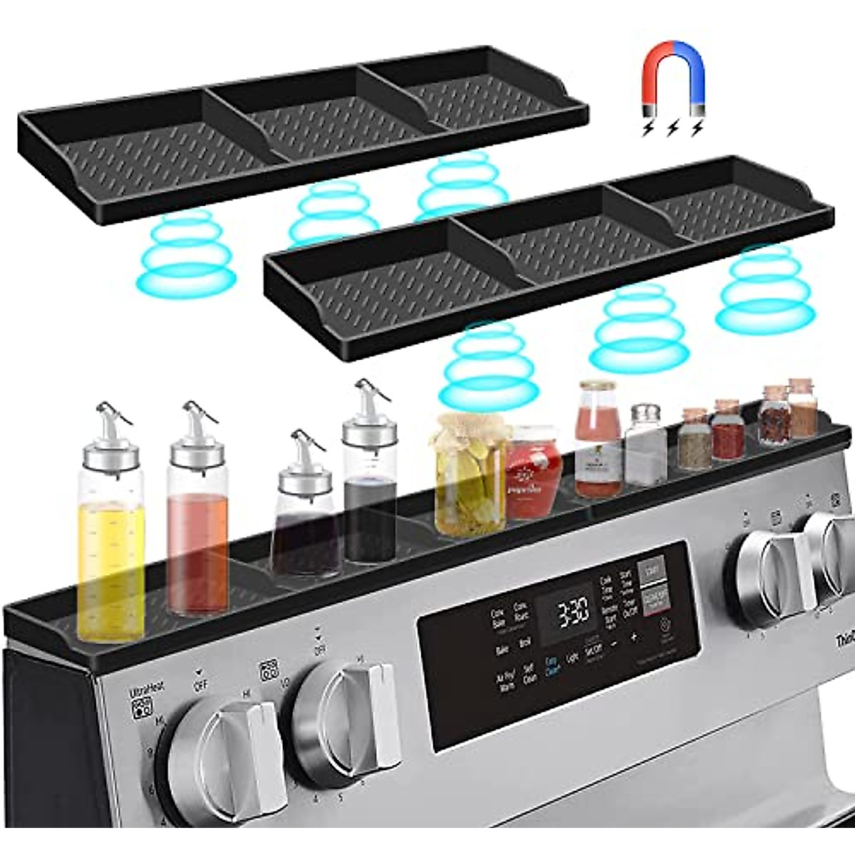 Stove Top Shelf Magnetic, Silicone Spice Rack Over Stove Shelf Back of Stove Flat, 30 Inch Magnet Top of Stove Kitchen Shelf Stove Organizer Above Stovetop Storage-Black