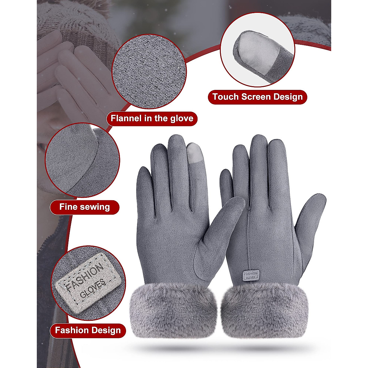 Janmercy 4 Pairs Thermal Winter Gloves for Women Cold Weather Touchscreen Soft Lining Suede Gloves for Ladies Sports Driving(Pink, Camel, Gray, Black)