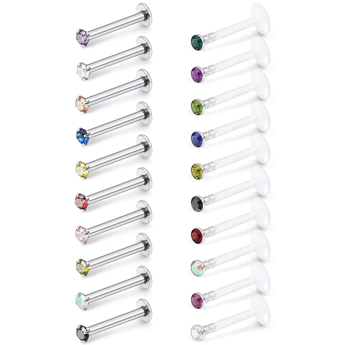 SCERRING 20PCS 16G 8mm Acrylic & Stainless Steel Labret Monroe Lip Ring Tragus Nail Helix Earring Stud Piercing Jewelry with 2mm 4-Prong-Setting Mix Color CZ