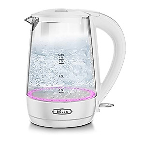BELLA 1.7 Liter Glass Electric Kettle, Quickly Boil 7 Cups of Water in 6-7 Minutes, Soft Pink LED Lights Illuminate While Boiling, Cordless Portable Water Heater, Carefree Auto Shut-Off, White
