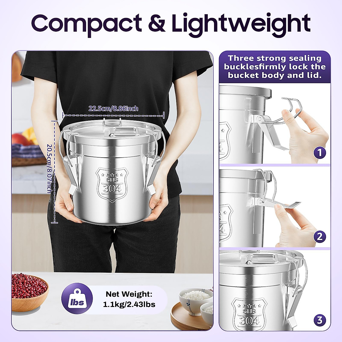 LINISHOP 304 Stainless Steel Airtight Canister Airtight Cereal Container Food Storage Container Metal Kitchen Rice Flour Milk Storage Bucket Silver New (6L)