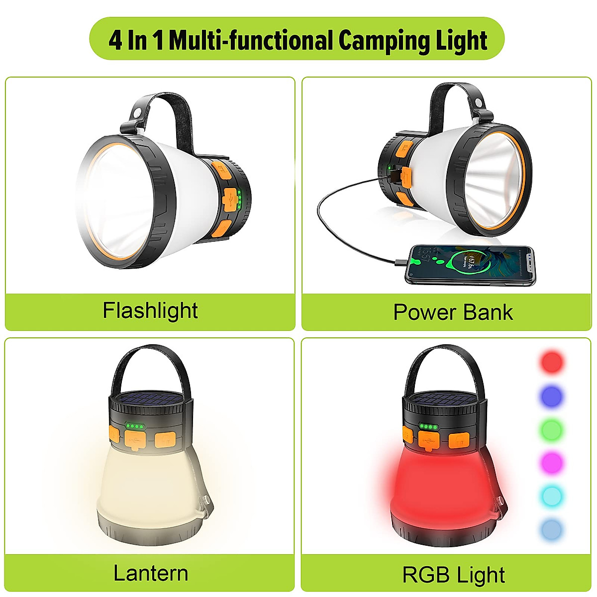 LED Camping Lantern, 1500 Lumens Camping Lantern Rechargeable with Solar Panel Charging, Waterproof, 8 Light Modes, 7500mAh Power Bank, Camping Flashlight for Hurricane Emergency, Hiking, Outdoor