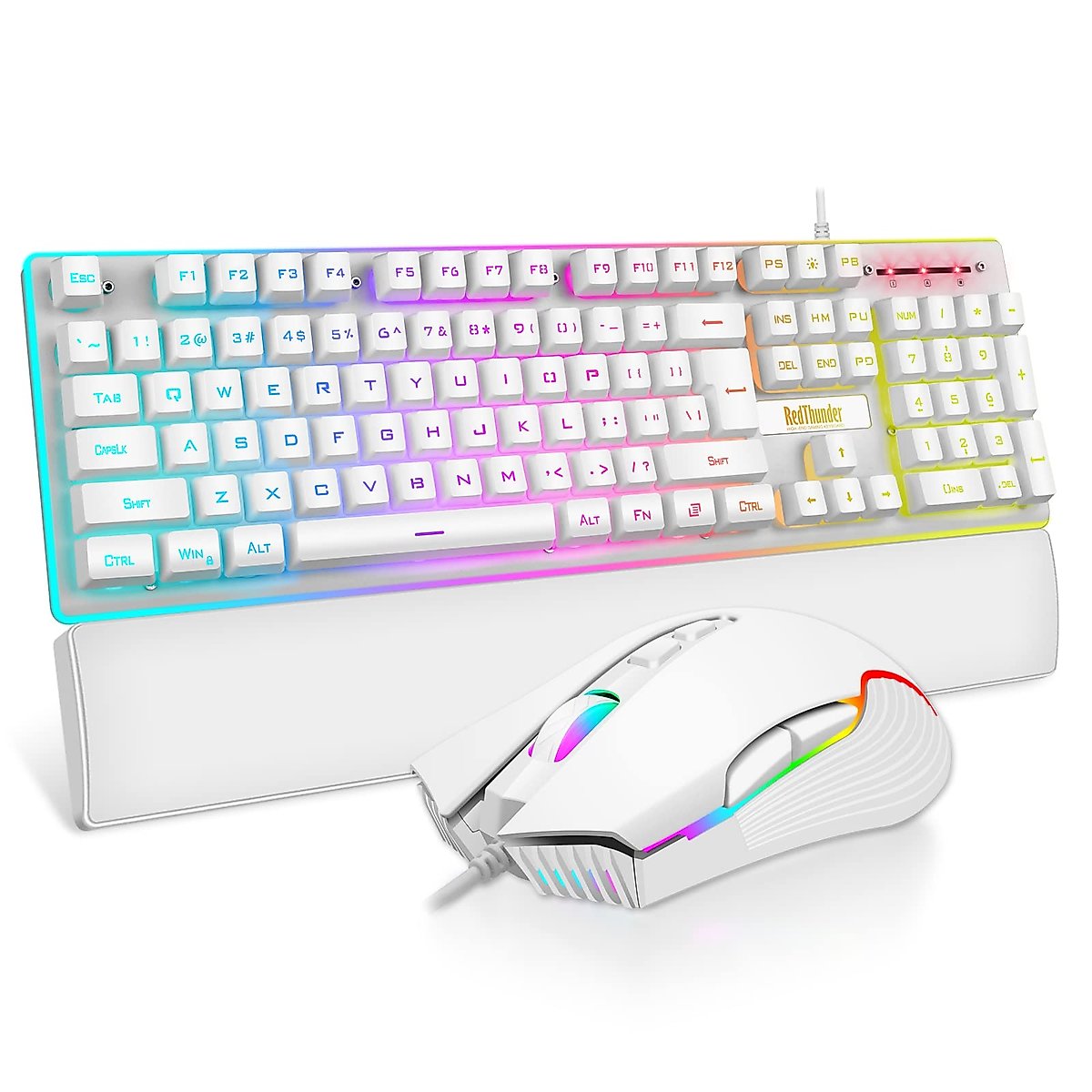 RedThunder K10 Wired Gaming Keyboard and Mouse and Wrist Rest Combo, RGB Backlit, Mechanical Feel Anti-ghosting Keyboard + 7D 7200 DPI Mice+Soft Leather Wrist Rest 3 in 1 PC Gamer Accessories(White)