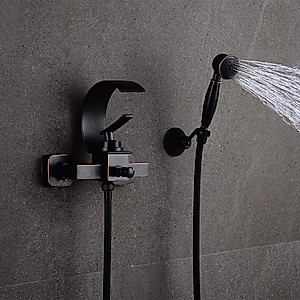 Wovier Oil Rubbed Bronze Waterfall Wall mount Bathtub Faucet,Single Handle Tub & Shower Mixer with Hand Held Shower Set,Black