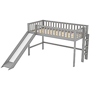 KoiHome Twin Size Low Loft Bed with Ladder and Slide, Wood Bed with Full-Length Guardrail & Built-in Solid Slat Support for Kids Girl Boy Teens Bedroom, Space-Saving Design, No Box Spring Needed, Gray