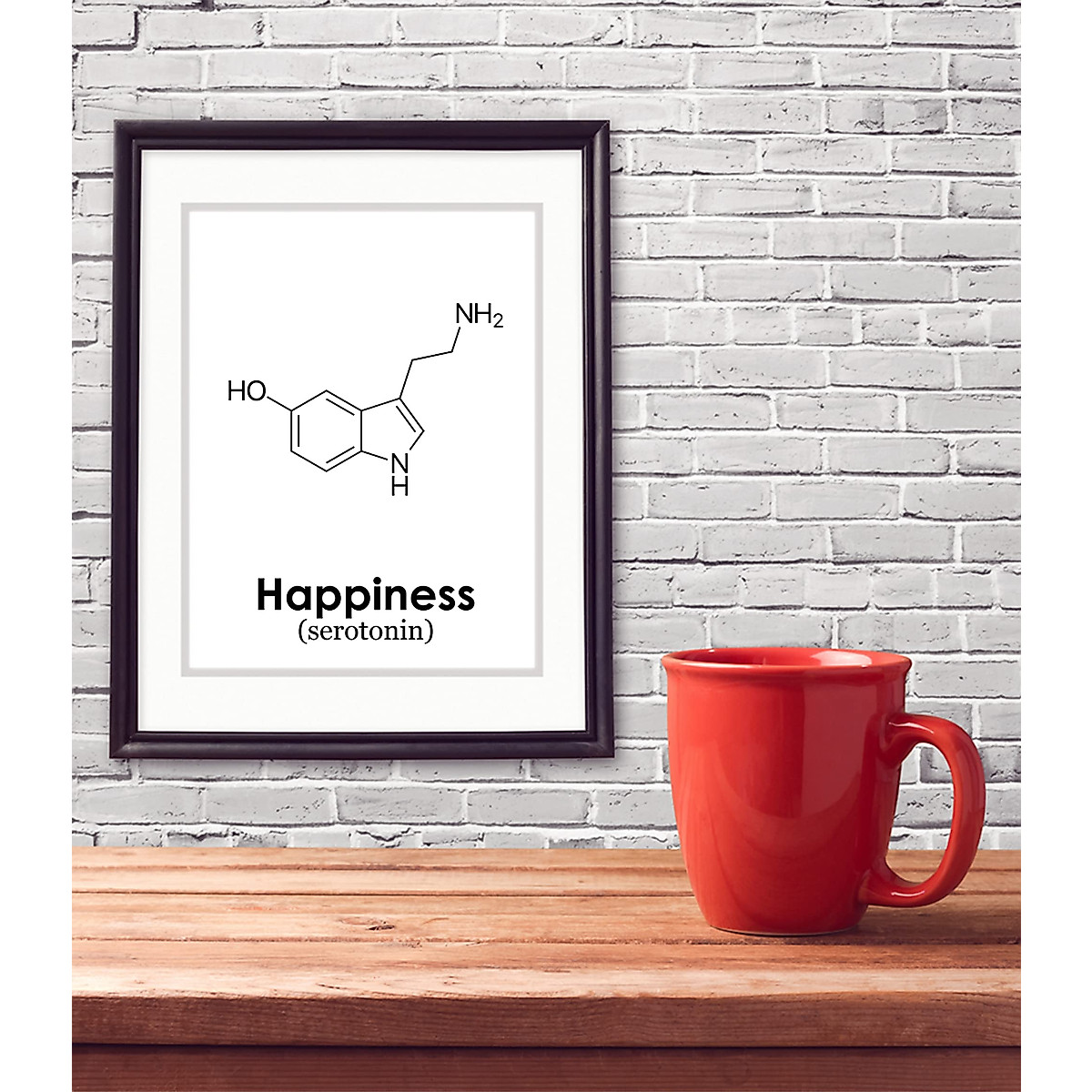 Happiness Serotonin Molecule Wall Art 11x14 Unframed Art Print Poster Black on White for Office, Classroom, Science Laboratory or Home Décor. Great Gift For Scientists, Chemists, Geeks and Nerds