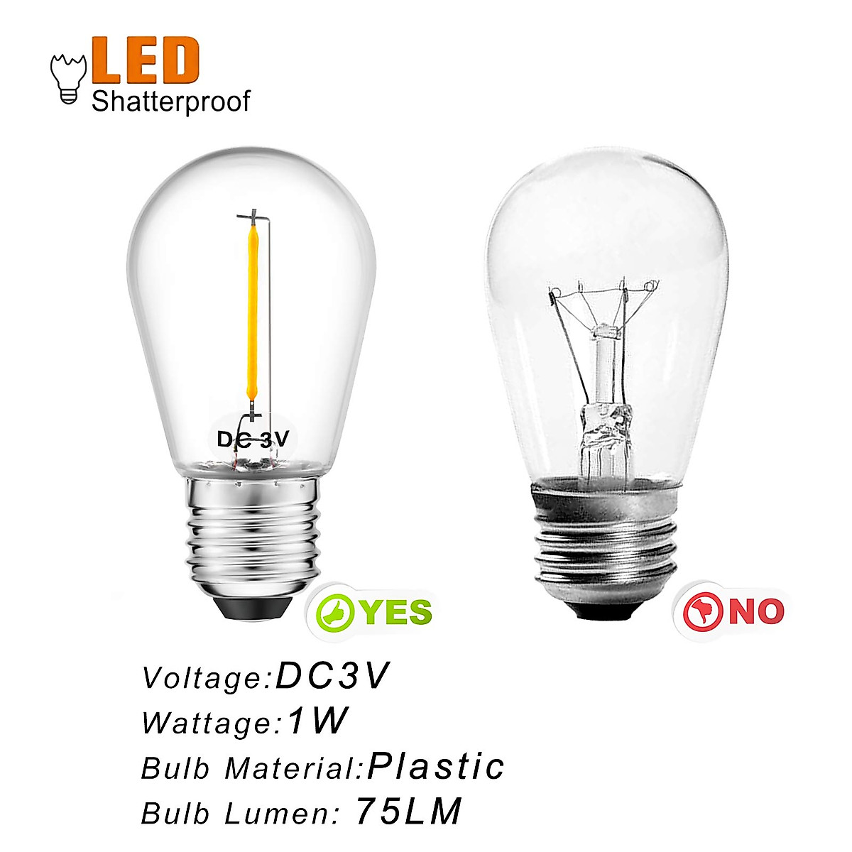 VISTERLITE LED S14 Low Voltage (DC 3V) Replacement Bulbs with E26 Base for Outdoor Solar String Lights, 15 Pack, Clear