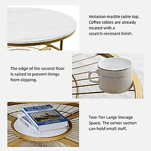 Round Coffee Table for Living Room, Modern Coffee Table with Sun Shape Circle Open Storage,Marble Wooden Tabletop and Sturdy Metal Frame, White and Gold 35.5