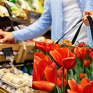 KQNZT Reusable Grocery Bags, Large Foldable Reusable Shopping Tote Bags Bulk for Groceries, Waterproof Kitchen Cloth Produce Bags with Long Handles, Red Tulip Spring