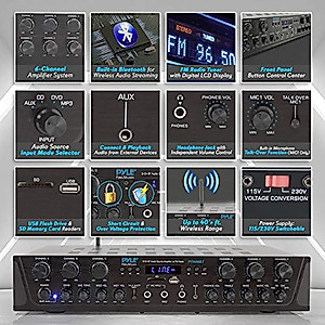 Pyle Wireless Home Audio Amplifier System - Bluetooth Compatible Sound Stereo Receiver Amp - 6 Channel 600Watt Power, Digital LCD, Headphone Jack, 1/4'' Microphone IN USB SD AUX RCA FM Radio PTA66BT.6