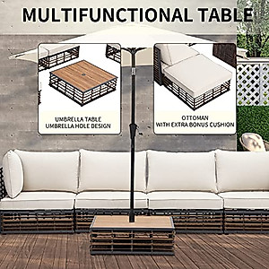 ESSENTIAL LOUNGER 6 Pieces Sectional Outdoor Patio Furniture Set, Outdoor Modern Rattan Conversation Set with Olefin Cushions and Coffee Table, Wicker Sofa with Umbrella Hole for Garden, Poolside