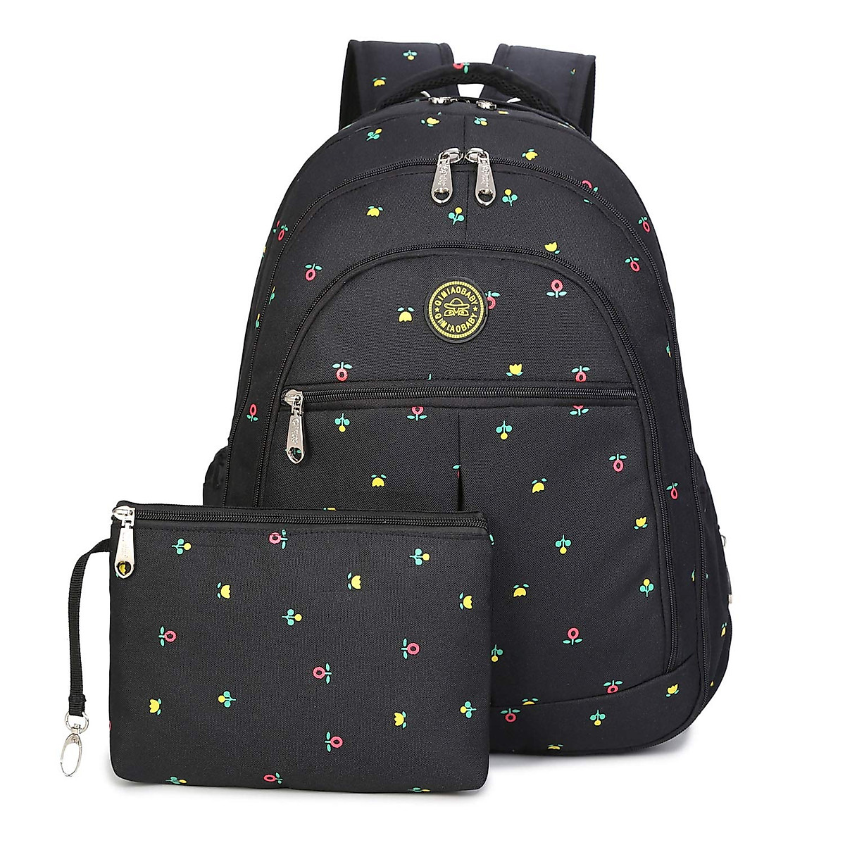 QIMIAOBABY diaper bag storage bag backpack, baby travel bag (Black flowers)