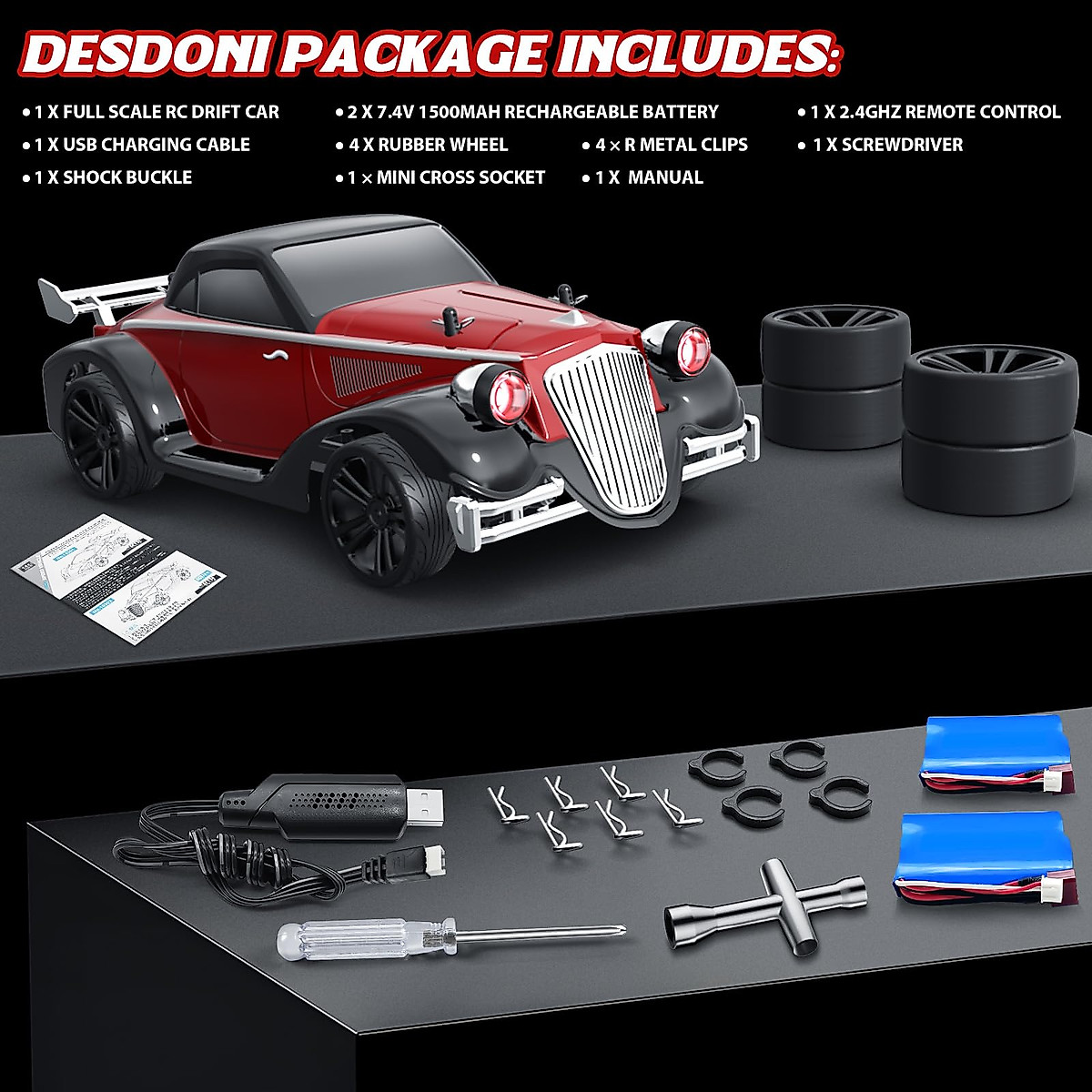 Desdoni RC Drift Car Full Proportional RTR Remote Control Car 1/16 Scale 38KM/H Fast 4WD RC Car 2.4Ghz with 6 Modes of Light 2Pcs Rechargeable Batteries Racing for Boys and Adults Gift
