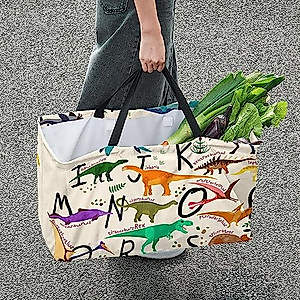 KQNZT Reusable Grocery Bags, Heavy Duty Reusable Shopping Bags, Large Tote Bags with Long Handles and Reinforced Bottom, Dinosaur Cartoon Alphabet