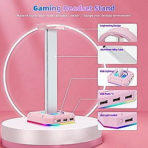TuparGo Pink Headphone Stand RGB Lights Gaming Headset Holder with 3 USB Port for Charging or Connecting Headset Keyboard and Mouse,9 Modes Can be Toggles and Off,Aluminium Connecting Rod.