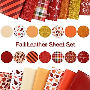 AnyDesign 14Pcs Thanksgiving Faux Leather Sheets Pumpkin Maple Leaf Plaid Stripe Printed Synthetic Leather Fabric Glitter Orange Red Gold Leather for Autumn Harvest Thanksgiving DIY Craft, 6.3 x 8.3"