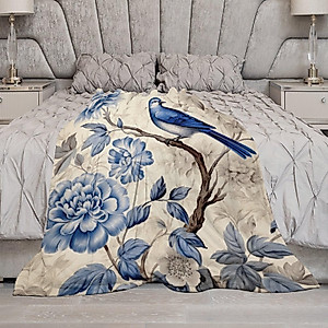Blanket Blue White Floral Spring Flower Bird ChinoiserieWarm Blanket Flying Bird Flower Blue White Flannel Fleece Throw Blanket for Couch Sofa Bed for Adults Kids Boys Teens Gift for Adults 50"x60"